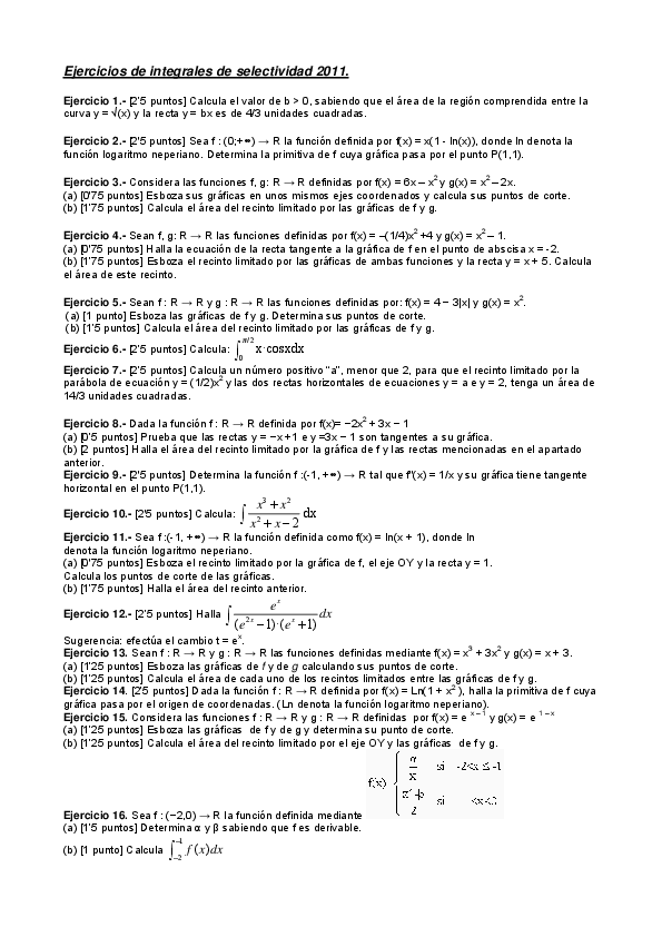 (PDF) Ejercicios de integrales de selectividad 2011