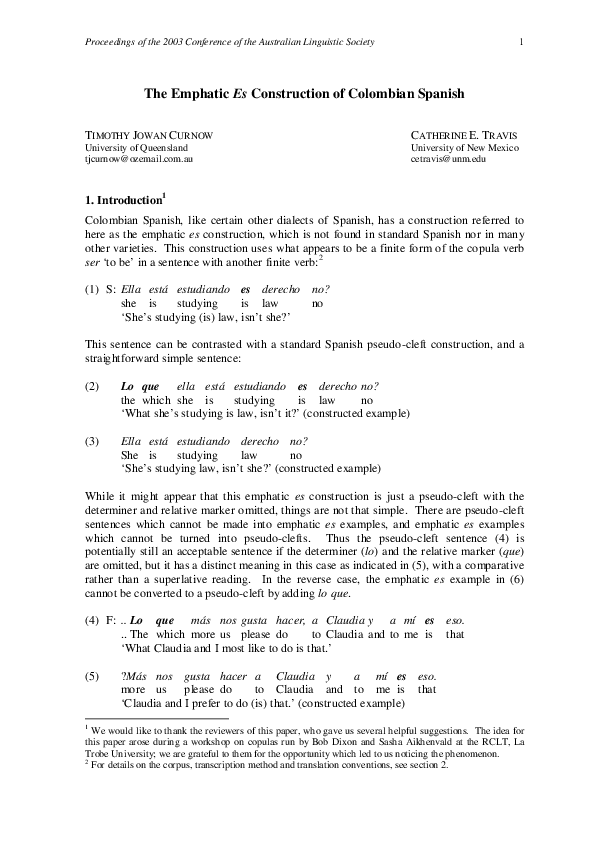 (PDF) The emphatic es construction of Colombian Spanish