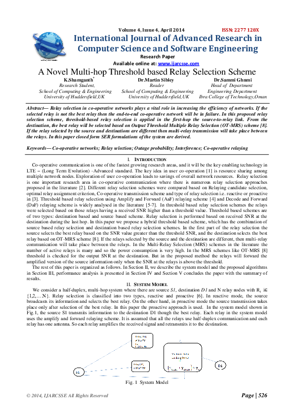Pdf 2014 Ijarcsse All Rights Reserved A Novel Multi Hop Threshold Based Relay Selection Scheme