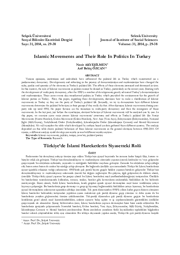 (PDF) Islamic Movements and Their Role in Politics in Turkey?