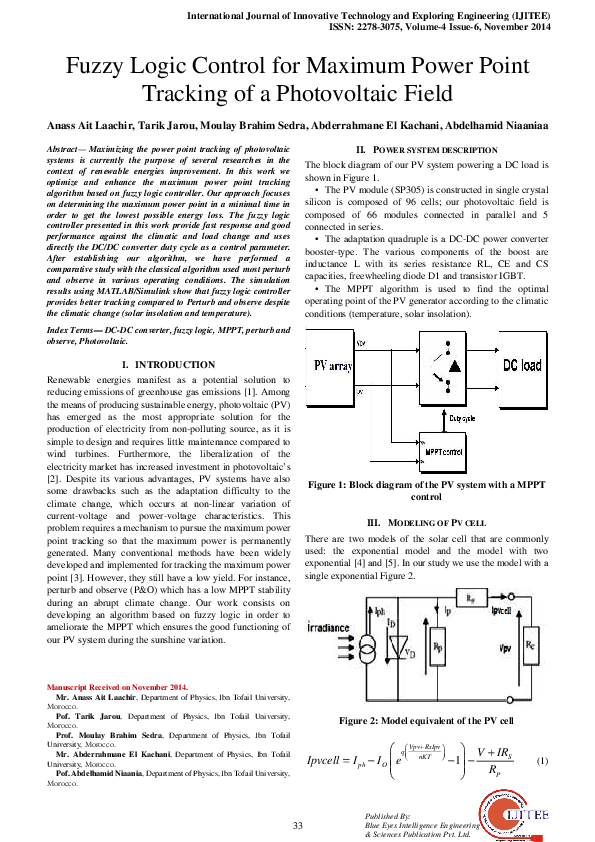 (PDF) Fuzzy logic control for maximum power point tracking of a photovoltaic field