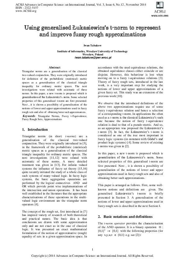(PDF) Using generalised Łukasiewicz’s t-norm to represent and improve fuzzy rough approximations