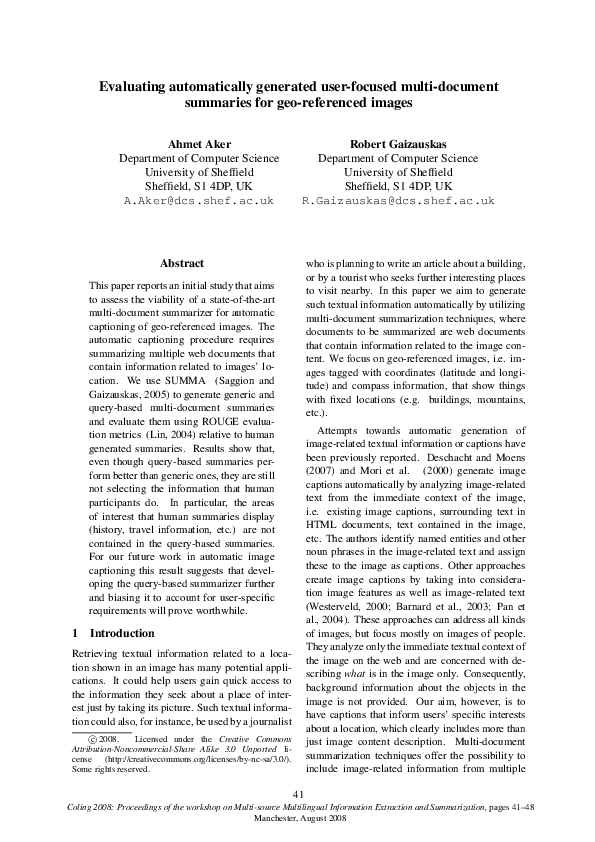 Pdf Evaluating Automatically Generated User Focused Multi Document Summaries For Geo