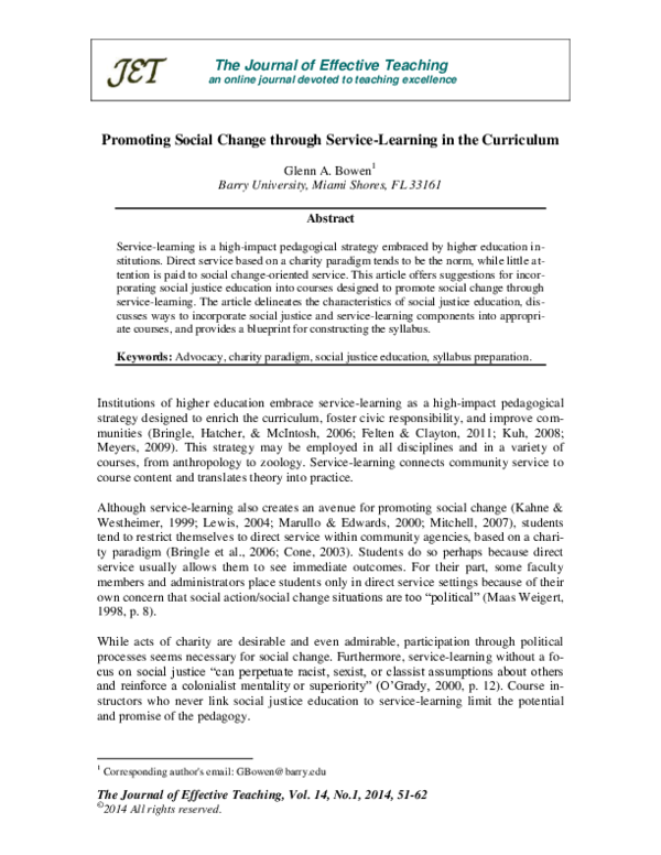 (PDF) Promoting Social Change Through Service-Learning in the Curriculum