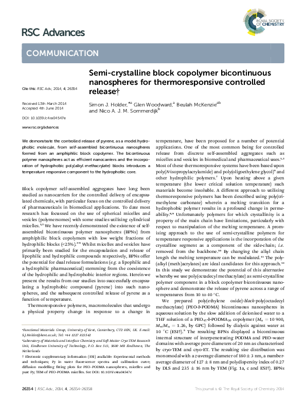 (PDF) Semi-crystalline block copolymer bicontinuous nanospheres for ...