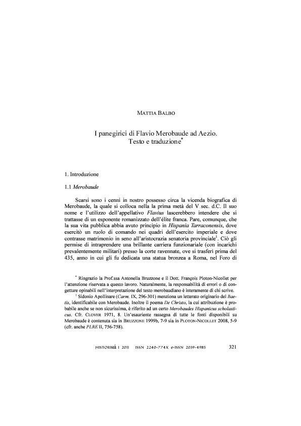 (PDF) I panegirici di Flavio Merobaude ad Aezio: Testo e traduzione