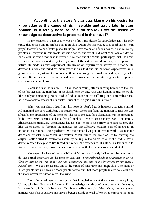 (DOC) Frankenstein: Victor's fate blaming on his desire of knowledge