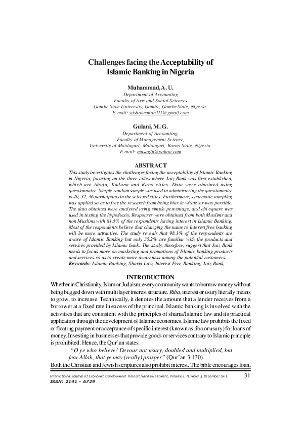 (PDF) Challenges facing the Acceptability of Islamic Banking in Nigeria