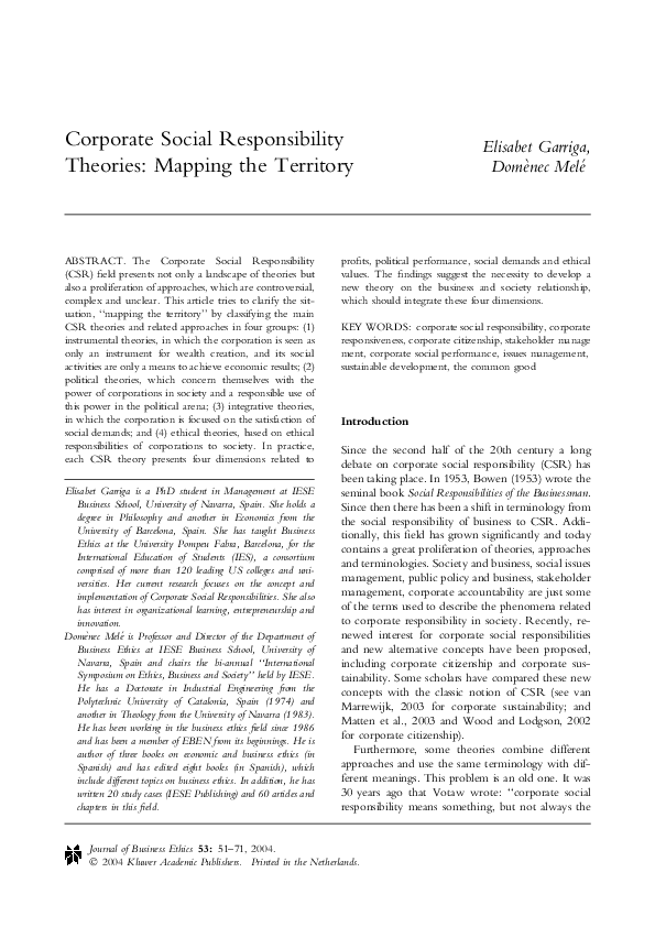 (PDF) Corporate Social Responsibility Theories: Mapping the Territory
