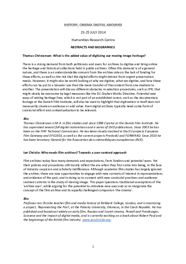 (PDF) Abstracts for Conference: History, Cinema, Digital Archives, ANU ...