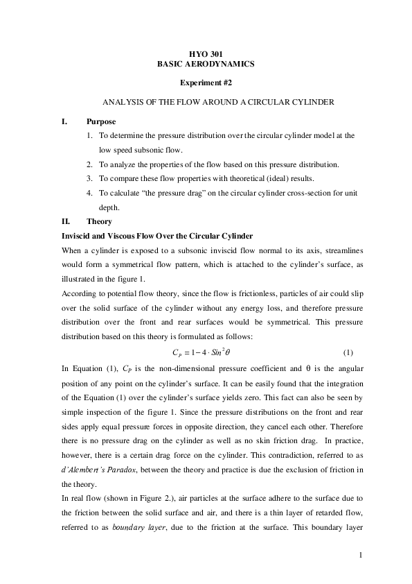 (PDF) HYO 301 BASIC AERODYNAMICS Experiment #2 ANALYSIS OF THE FLOW ...