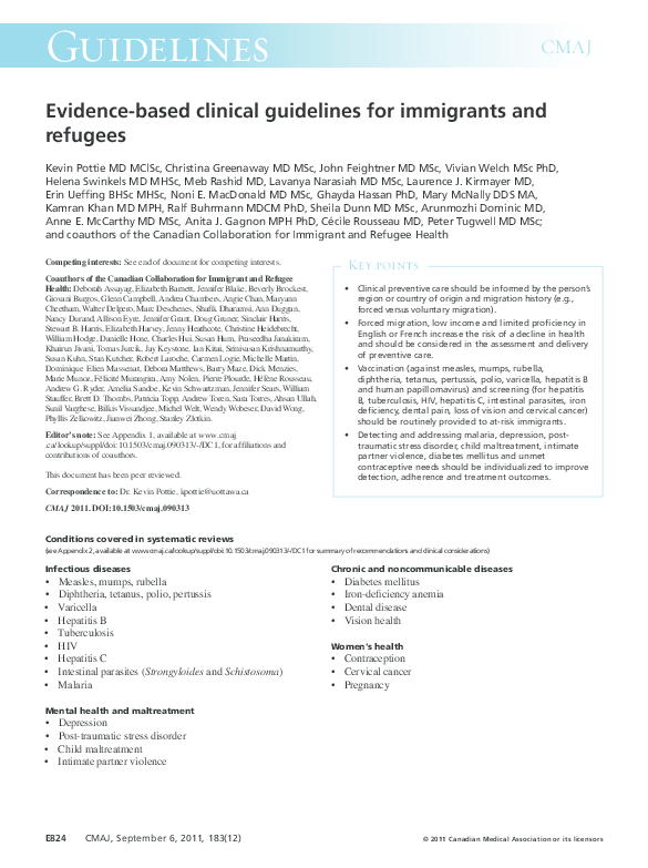 (PDF) Evidence-based clinical guidelines for immigrants and refugees Coauthors of the Canadian ...