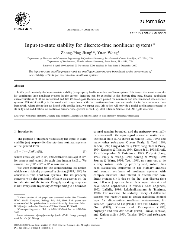 (PDF) Input-to-state stability for discrete-time nonlinear systems