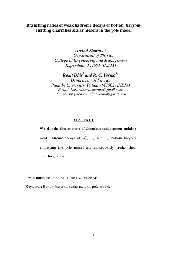 (PDF) Branching ratios of weak hadronic decays of bottom baryons emitting charmless scalar ...