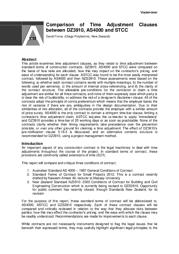 (PDF) Comparison of Time Adjustment Clauses between DZ3910, AS4000 and STCC