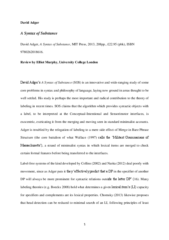(PDF) A Syntax of Substance, David Adger
