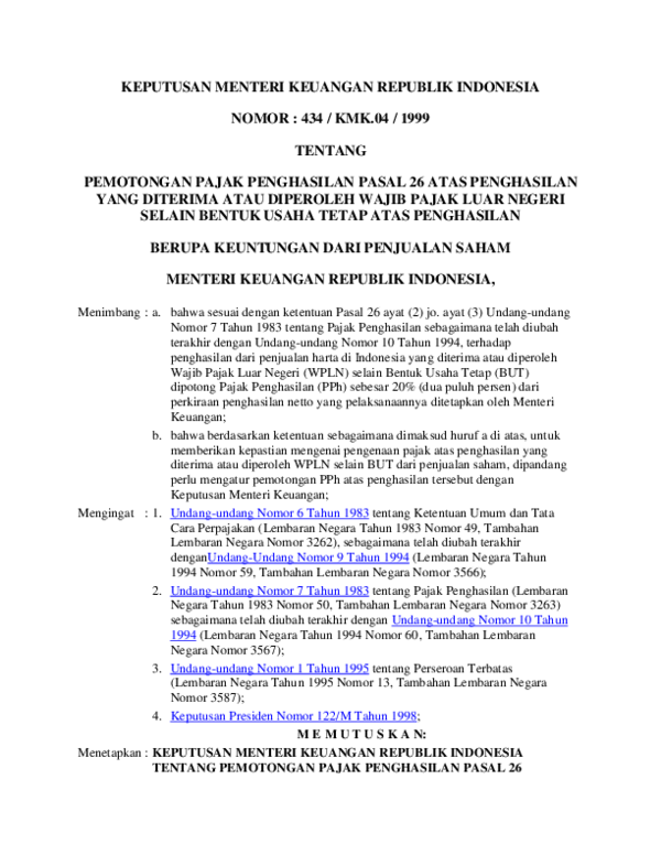 (DOC) KEPUTUSAN MENTERI KEUANGAN REPUBLIK INDONESIA NOMOR : 434 / KMK.04 / 1999 TENTANG ...
