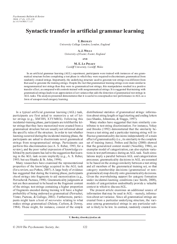 (PDF) Syntactic transfer in artificial grammar learning