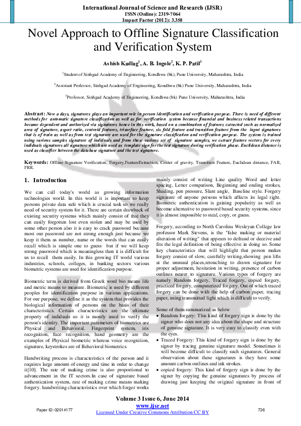 Pdf Novel Approach To Offline Signature Classification And