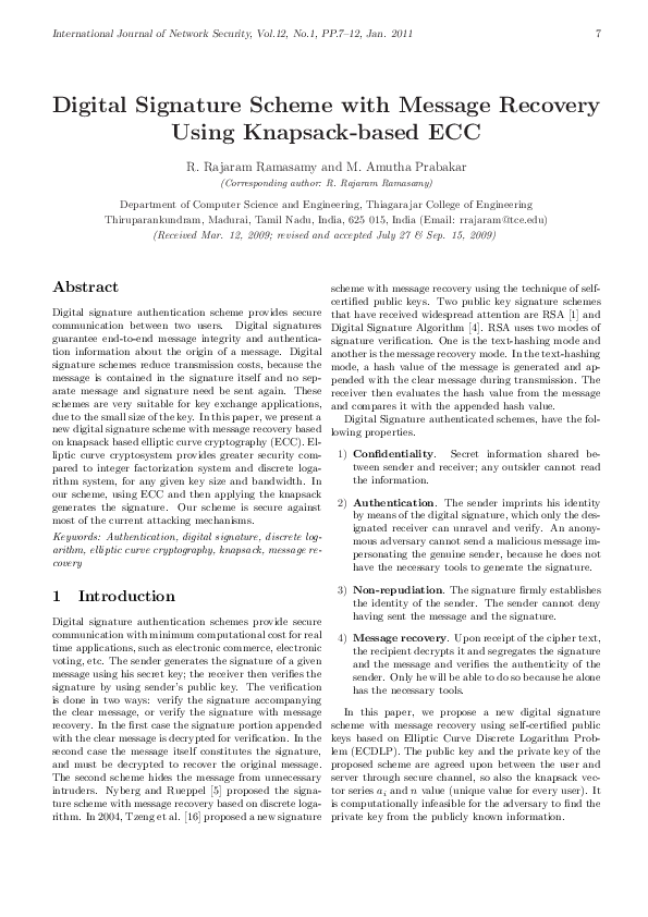 Pdf Digital Signature Scheme With Message Recovery Using Knapsack Based Ecc