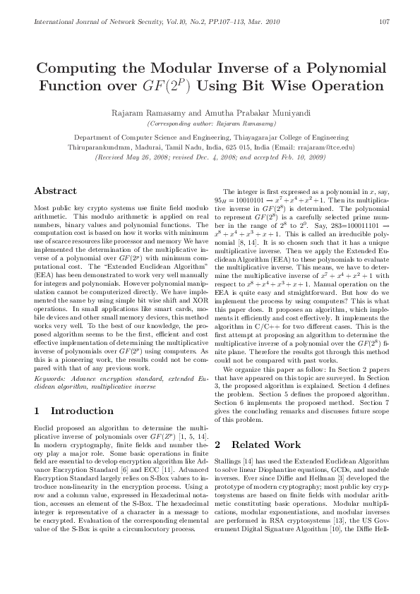 Pdf Computing The Modular Inverse Of A Polynomial Function Over Gf 2