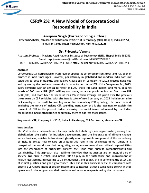 (PDF) CSR@ 2%: A New Model of Corporate Social Responsibility in India