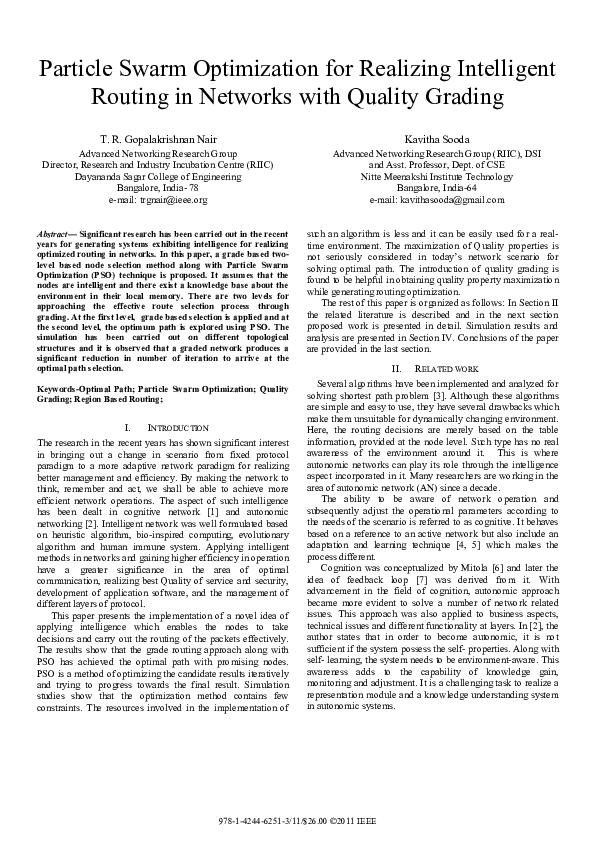(PDF) Particle Swarm Optimization for Realizing Intelligent Routing in Networks with Quality Grading