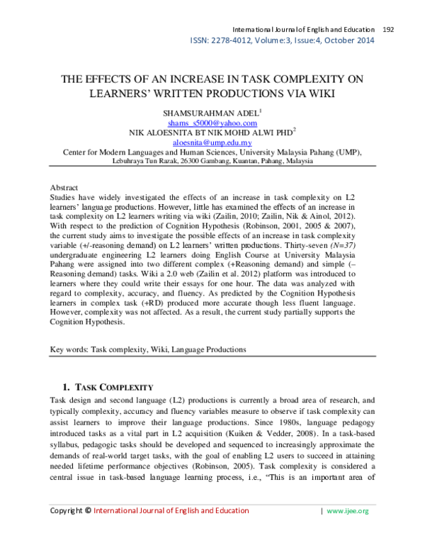 Pdf The Effects Of An Increase In Task Complexity On Learners