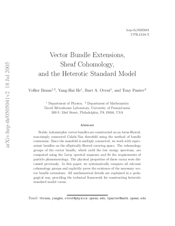 (PDF) Vector Bundle Extensions, Sheaf Cohomology, and the Heterotic ...