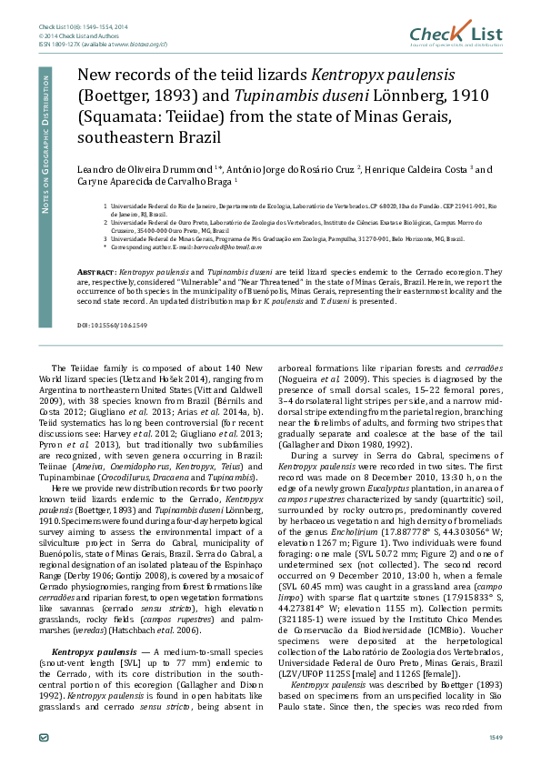(PDF) New records of the teiid lizards Kentropyx paulensis (Boettger ...