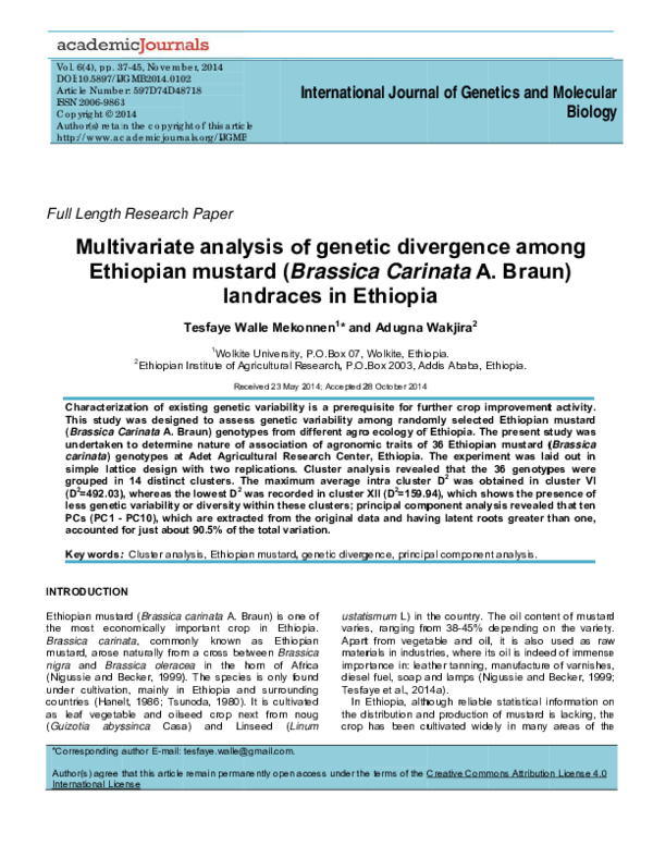 (PDF) Multivariate analysis of genetic divergence among Ethiopian mustard (Brassica Carinata A ...