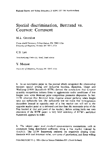 (PDF) Spatial Discrimination, Bertrand Versus Cournot