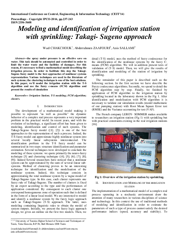 Pdf Modeling And Identification Of Irrigation Station With Sprinkling