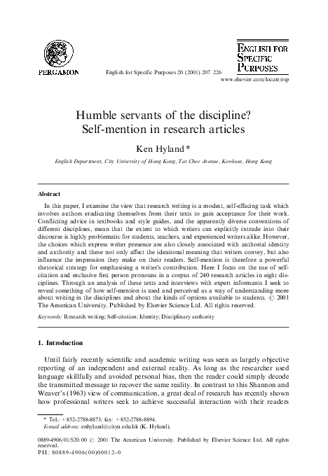 (PDF) Humble servants of the discipline? Self-mention in research articles