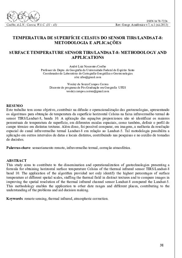 (PDF) TEMPERATURA DE SUPERFÍCIE CELSIUS DO SENSOR TIRS/LANDSAT-8 ...