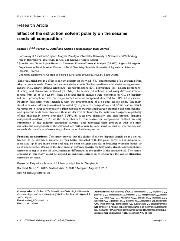 (PDF) Effect of the extraction solvent polarity on the sesame seeds oil composition
