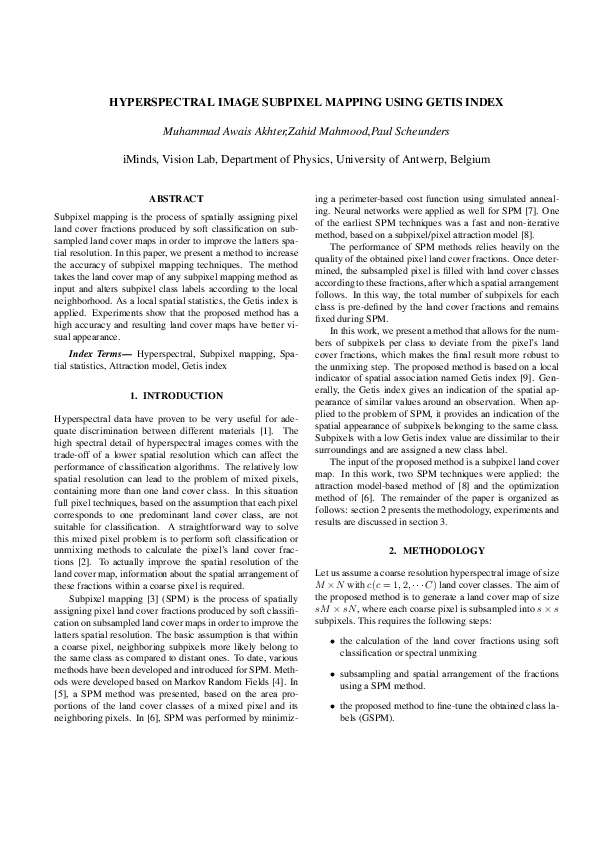 (PDF) HYPERSPECTRAL IMAGE SUBPIXEL MAPPING USING GETIS INDEX