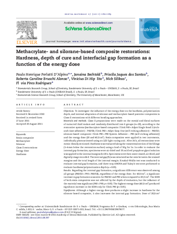 Pdf Methacrylate And Silorane Based Composite Restorations Hardness