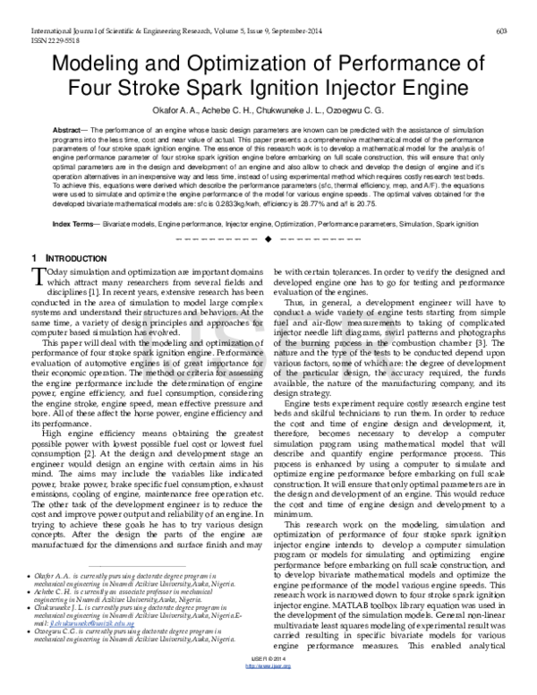 Pdf Modeling And Optimization Of Performance Of Four Stroke Spark Ignition Injector Engine