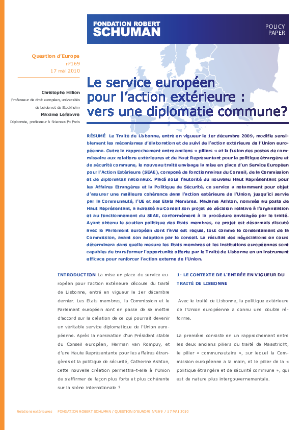 (PDF) «Le Service européen pour l'action extérieure: vers une ...