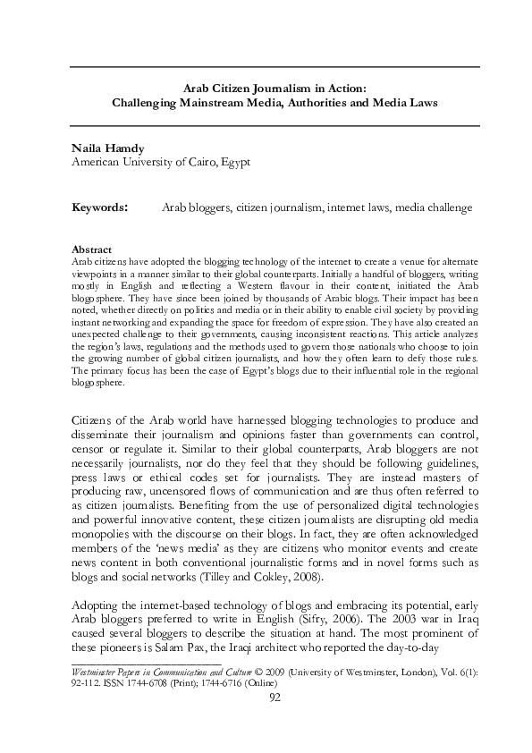 (PDF) Arab Citizen Journalism in Action: Challenging Mainstream Media ...