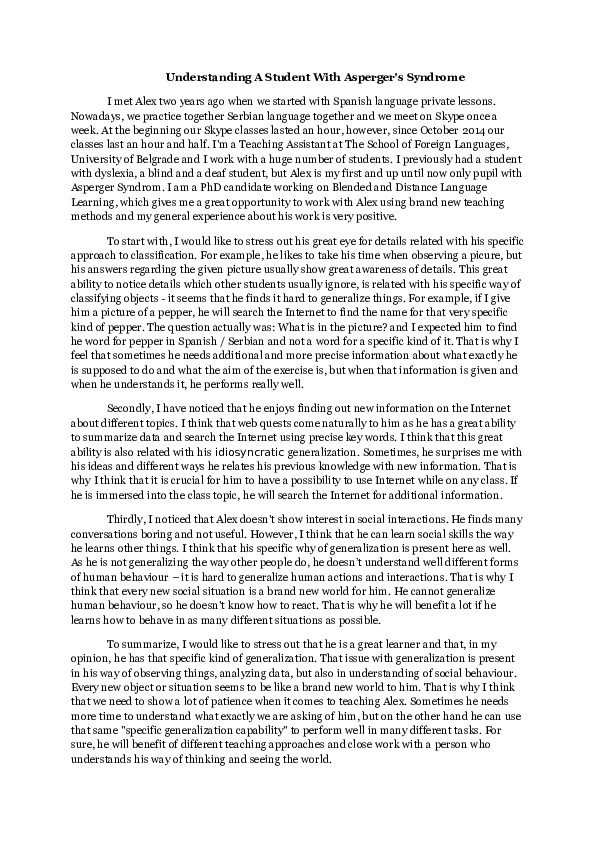 (DOC) Understanding A Student With Asperger's Syndrome | Olga Arsić ...