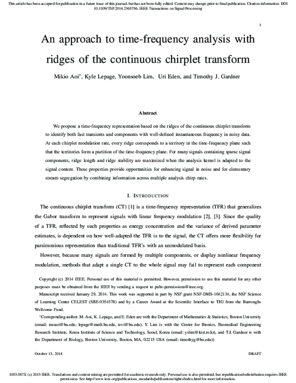 (PDF) An approach to time-frequency analysis with ridges of the continuous chirplet transform