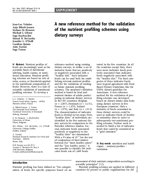 Pdf A New Reference Method For The Validation Of The Nutrient Profiling Schemes Using Dietary
