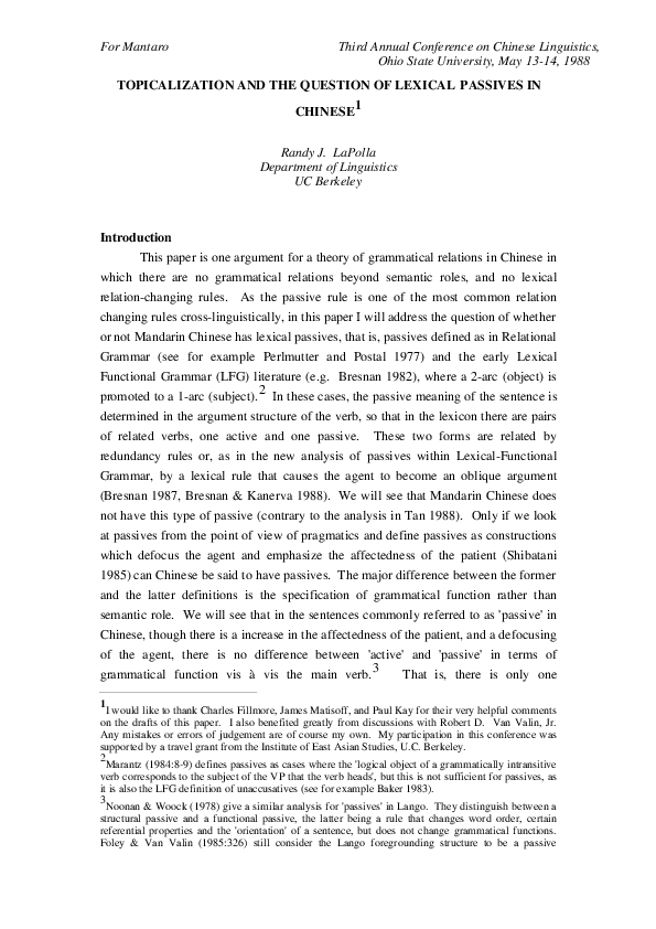 (PDF) Topicalization and the question of lexical passives in Chinese