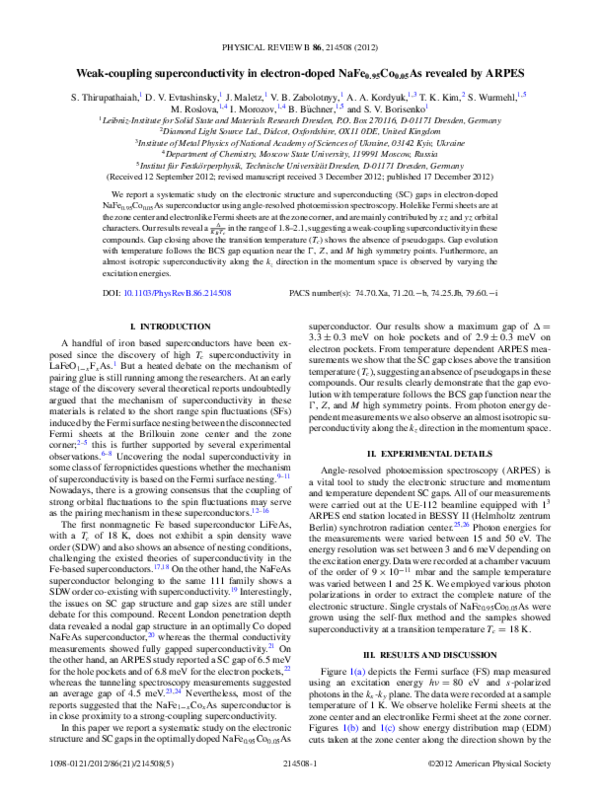Pdf Weak Coupling Superconductivity In Electron Doped Nafe 0 95 Co 0 05 As Revealed By Arpes