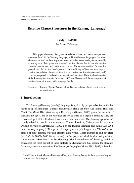 (PDF) Relative clause structures in the Rawang language