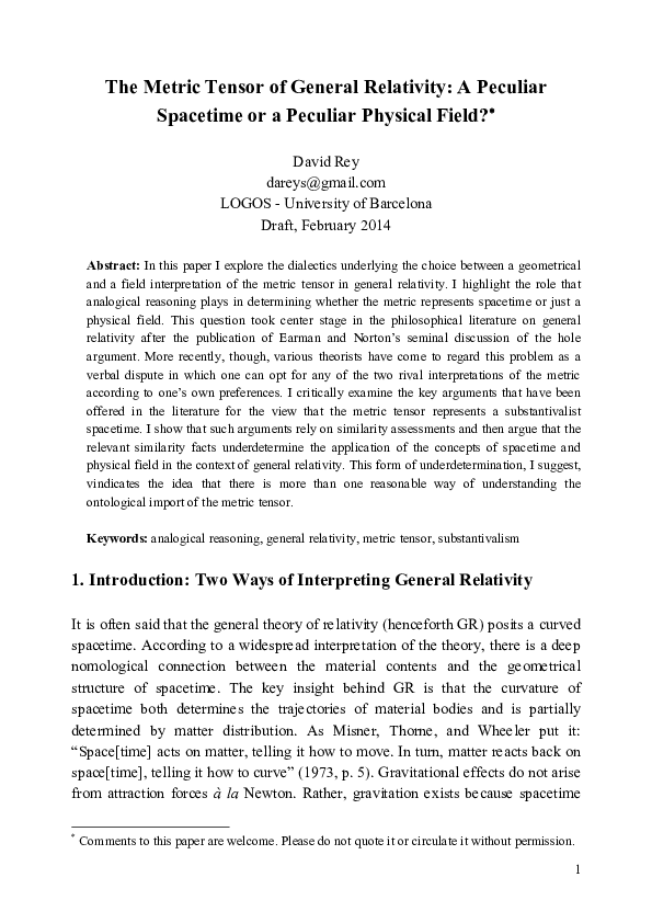 (PDF) The Metric Tensor of General Relativity: A Peculiar Spacetime or a Peculiar Physical Field?