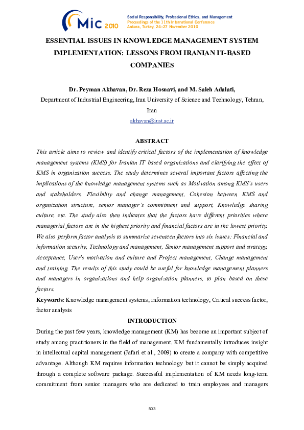 (PDF) Essential Issues in Knowledge Management System Implementation: Lessons from Iranian IT ...