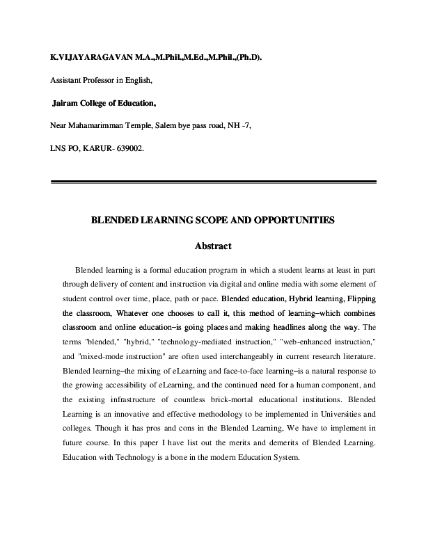 (DOC) BLENDED LEARNING SCOPE AND OPPORTUNITIES